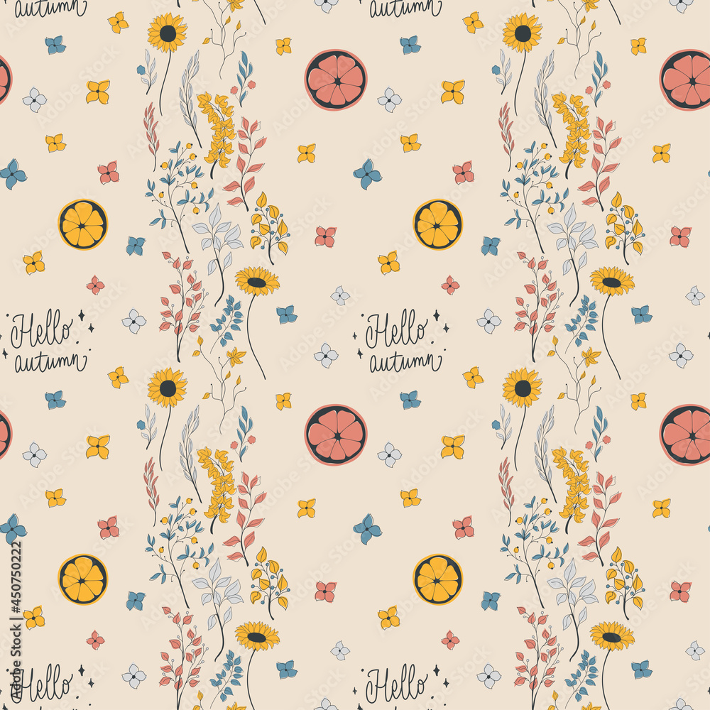 Vector seamless autumn pattern of orange, red, blue, and grey elements ...