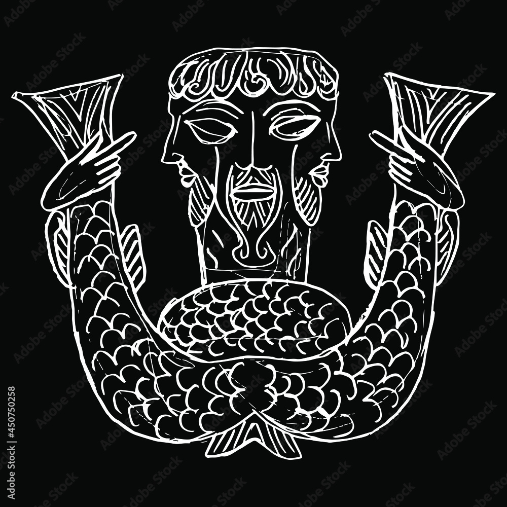 Medieval merman. Celtic mythology. Fantastic bearded man with two ...