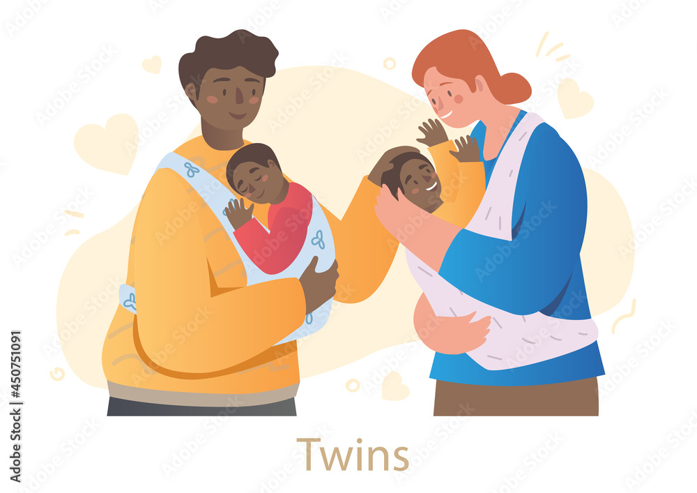 Male and female characters are holding newborn twins in slings on white ...