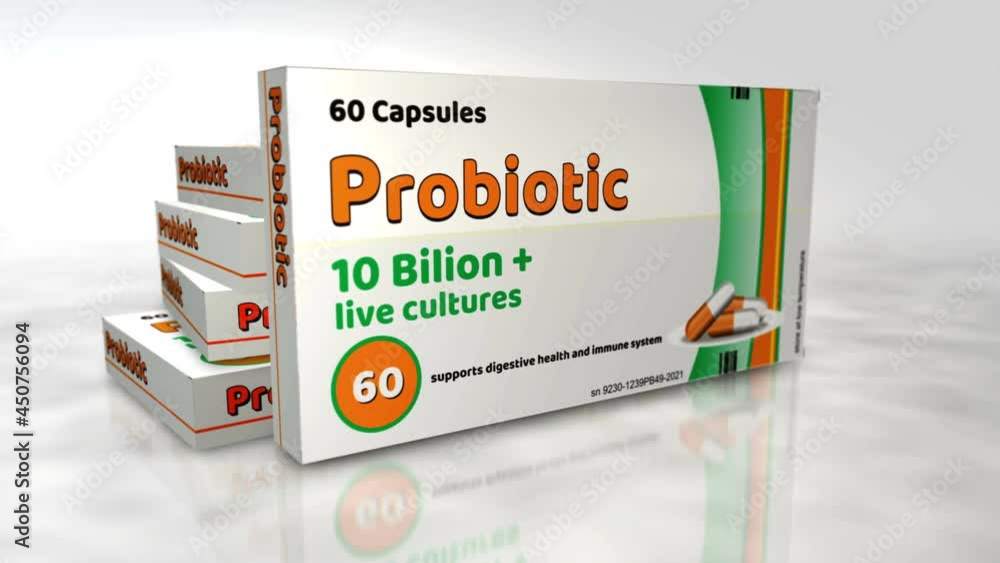 Probiotic in box. Medical antibiotic drug and infection therapy tablets ...
