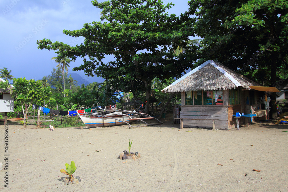 traditional Filipino bangka boat and wooden hut on a beach in the ...