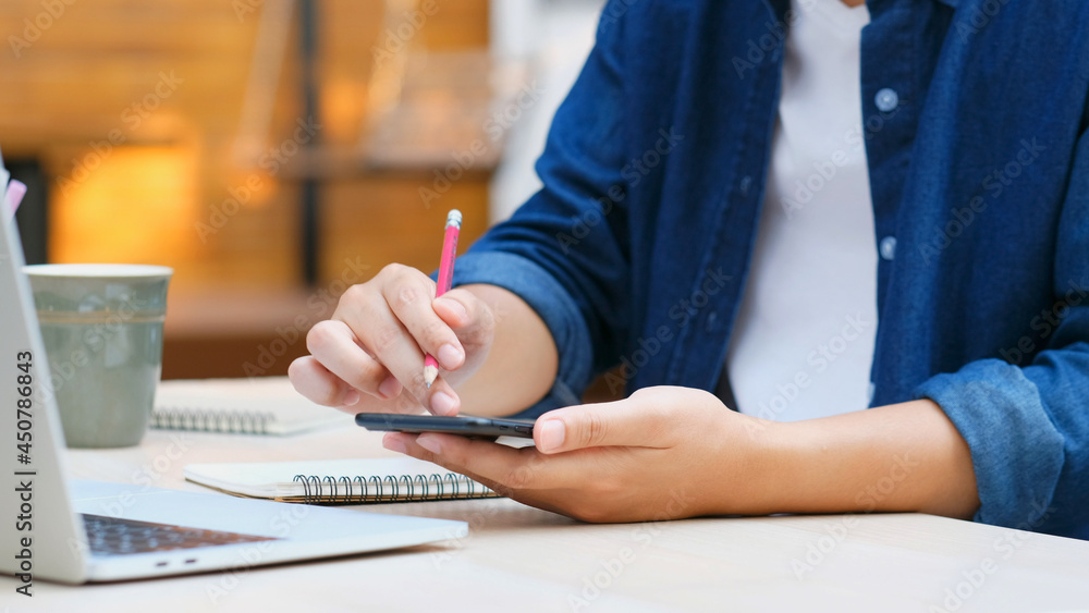 Online study, Man hand using mobile phone for digital home study class ...