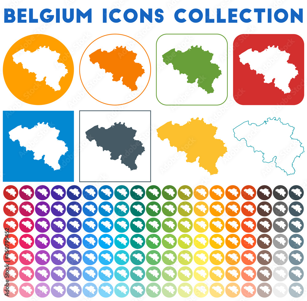 Belgium icons collection. Bright colourful trendy map icons. Modern ...