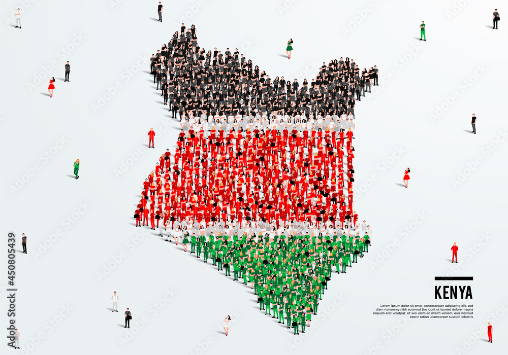 Kenya Map and Flag. A large group of people in the Kenyan flag color ...