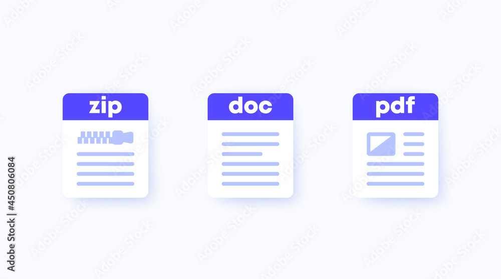 Zip, doc and pdf file icons Stock Vector | Adobe Stock