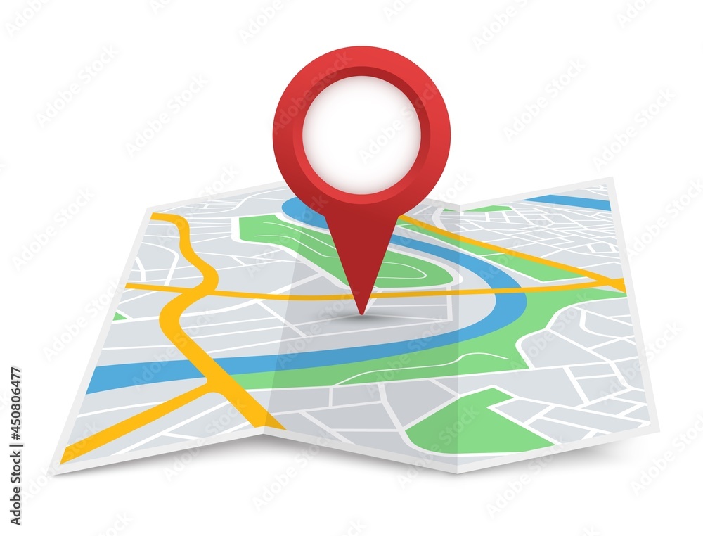 Folded city map with destination pointer, gps navigation. Red location ...