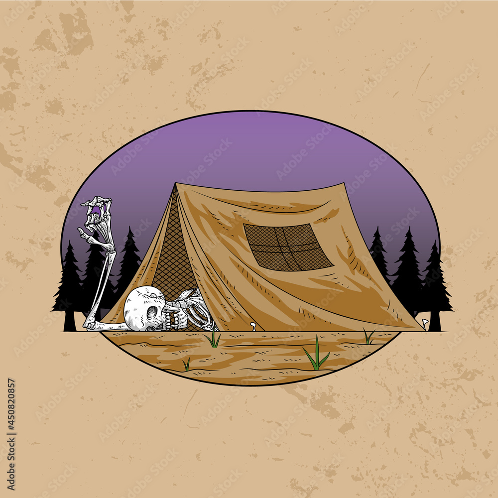 illustration of a camp scene with a skull lying on a tent, this spooky ...