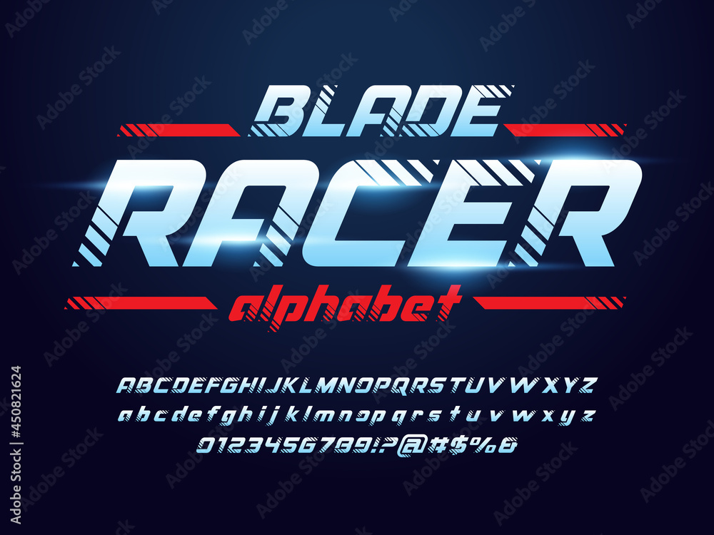 Speed racing style alphabet design with uppercase, lowercase, numbers ...