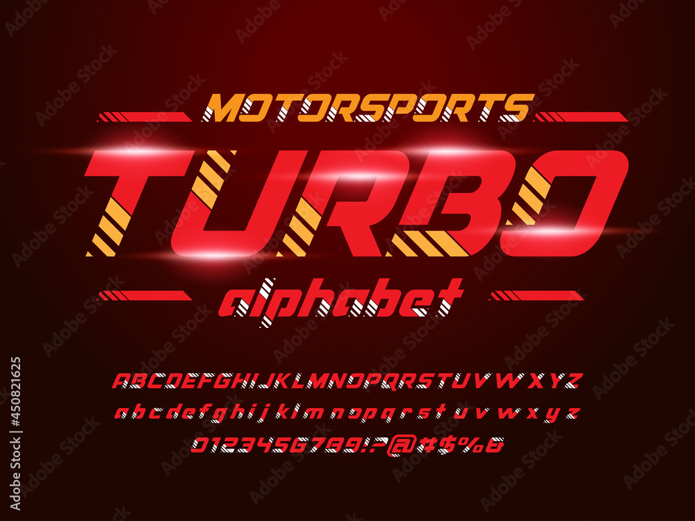 Speed racing style alphabet design with uppercase, lowercase, numbers ...