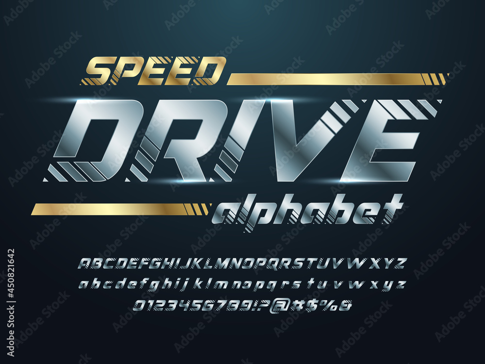 Speed racing style alphabet design with uppercase, lowercase, numbers ...