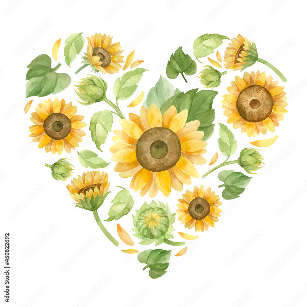 Heart with sunflowers. Template for a wedding invitation. Romantic ...