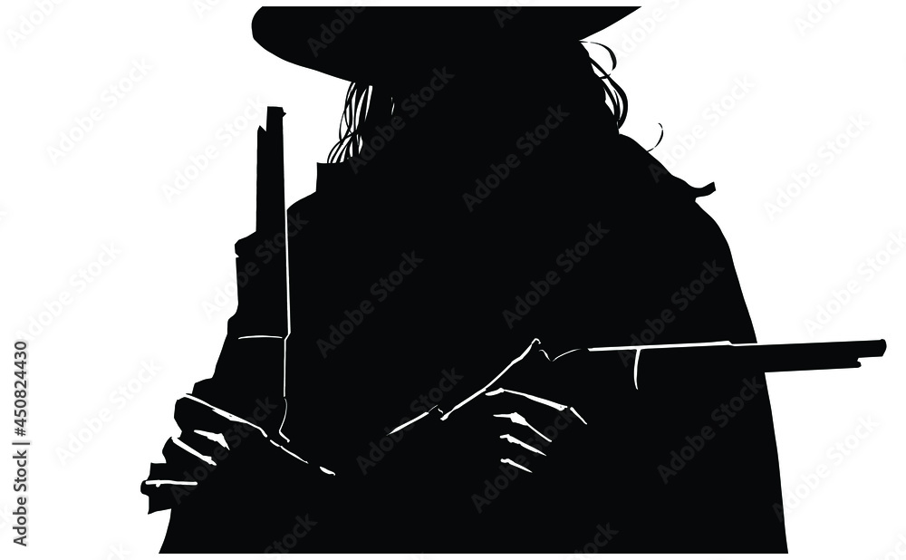 Black silhouette of a sinister cowboy in a hat with long hair and two ...