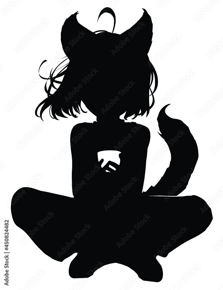 Silhouette of a cute young cat girl in anime style with huge ears and a ...