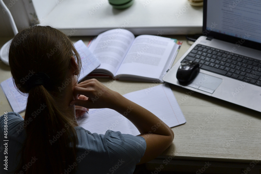 girl student reading book and working on laptop Stock Photo | Adobe Stock