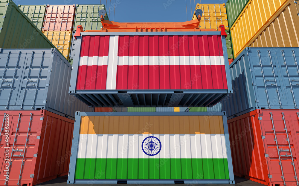 Freight containers with India and Denmark national flags. 3D Rendering ...