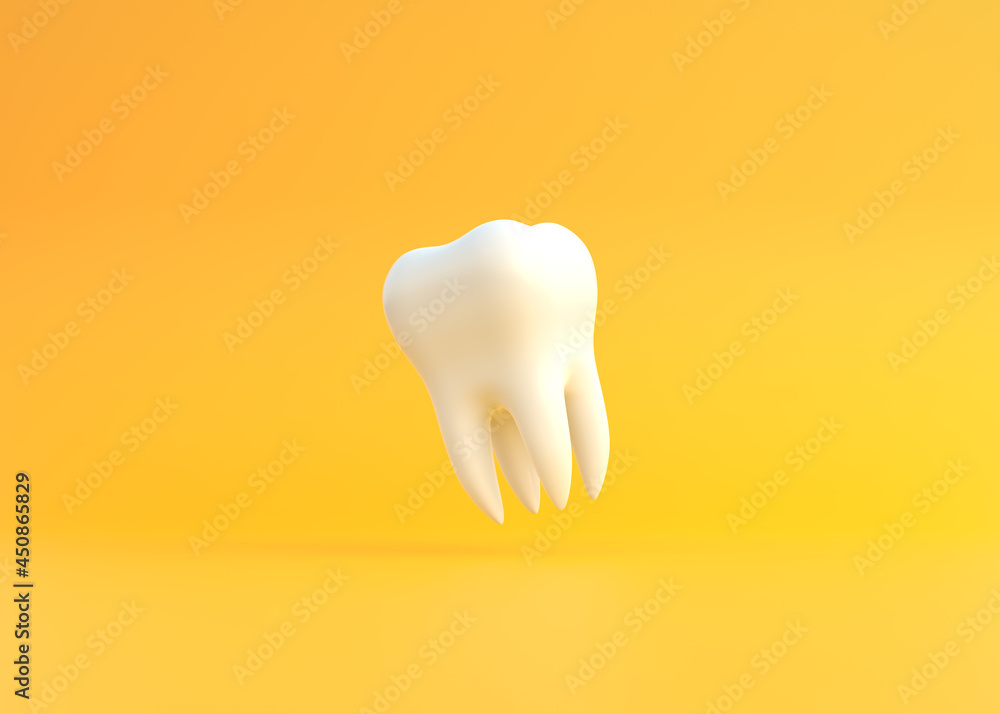 White tooth flying on a yellow background. Concept of dental ...