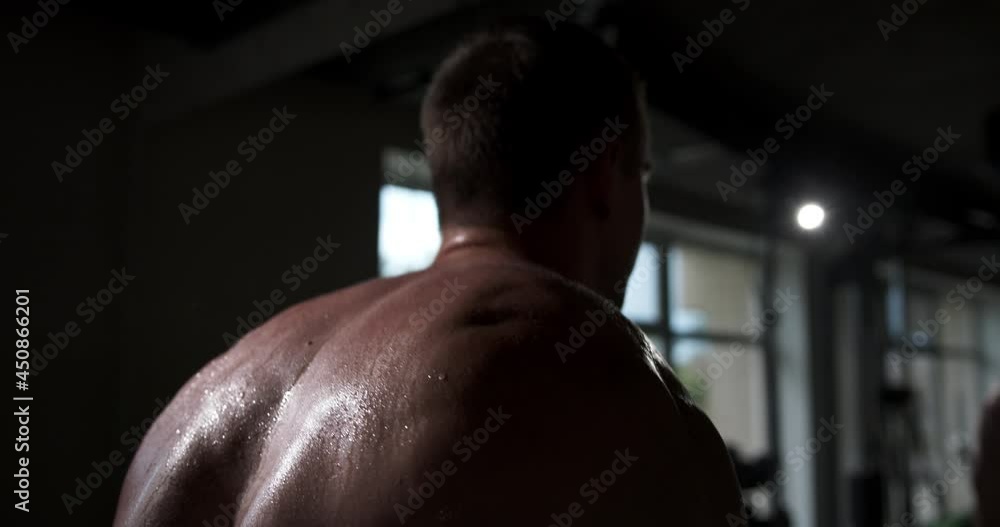 A young man in the gym, standing with his back, does an exercise for ...