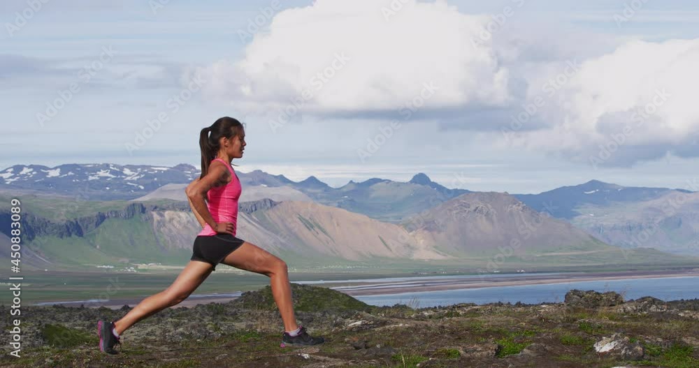 Fitness woman doing Pulse Lunges exercise. Female fitness model doing ...