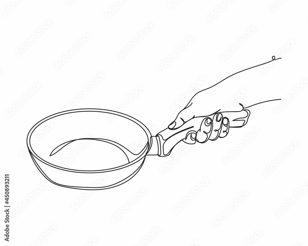 Continuous one line drawing of hand holding simple new empty non stick ...