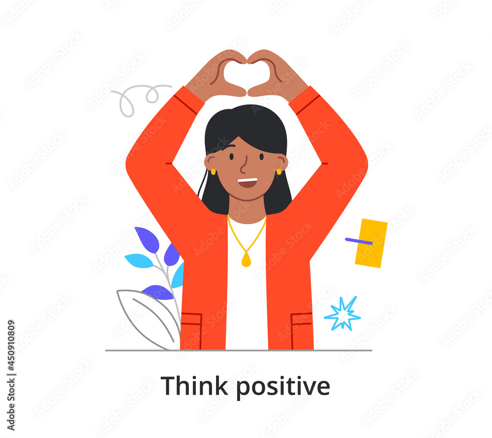 Happy female character in love is sjowing heart with two hands on white ...