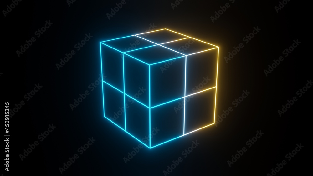 Yellow-blue neon lattice rotating cube. Abstract 4k render Stock Photo ...