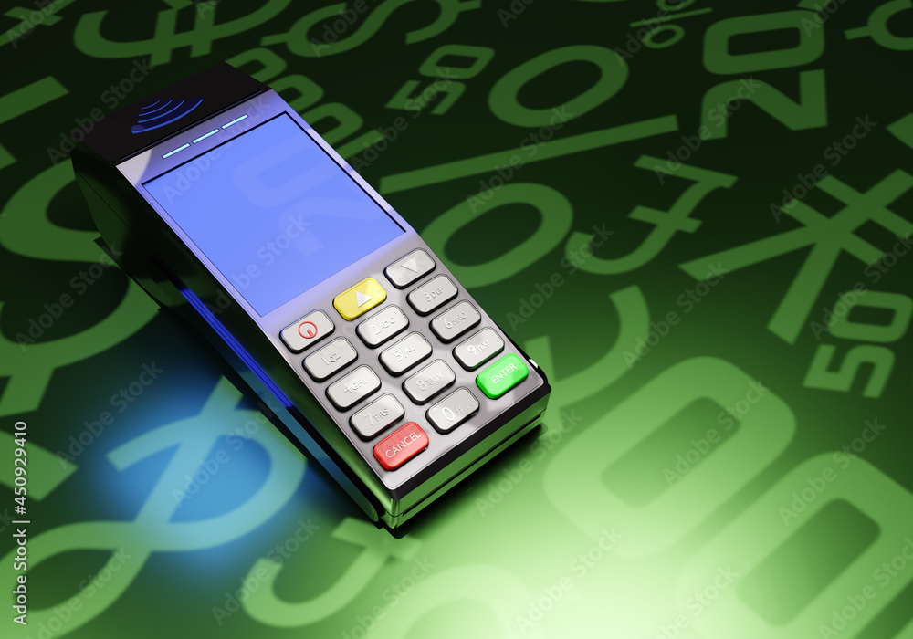 Payment machine. POS terminal. Bank terminal for payment. Detailed POS ...