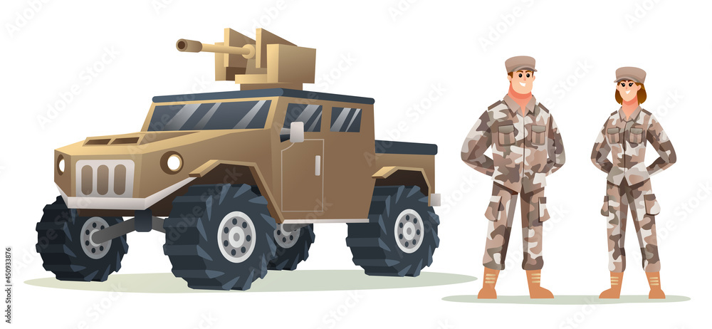 Man and woman army soldier characters with military vehicle cartoon ...