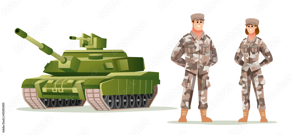 Man and woman army soldier characters with tank cartoon illustration ...