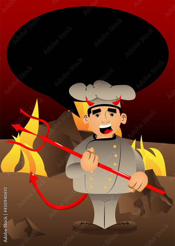 Fat male cartoon chef in uniform devil with pitchfork. Vector ...