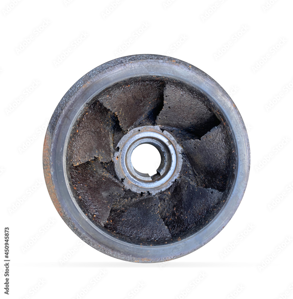 Closeup impeller corrosion of isolated on white background with ...