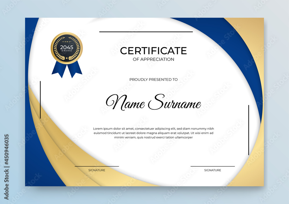 Blue And Gold Certificate Of Achievement Template Set Background With