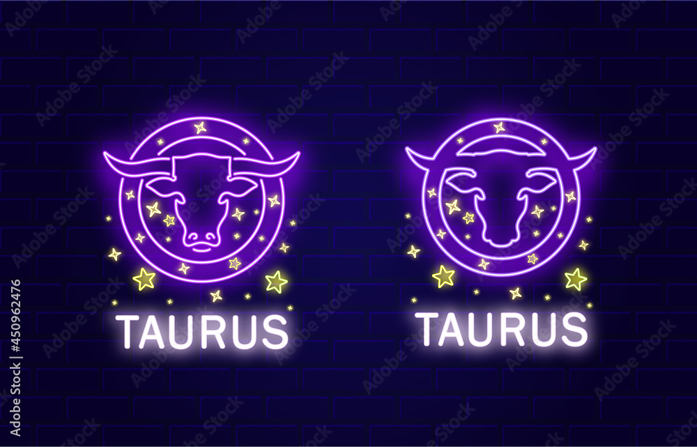 Set of colored neon illustrations of bull head, stars and text on brick ...