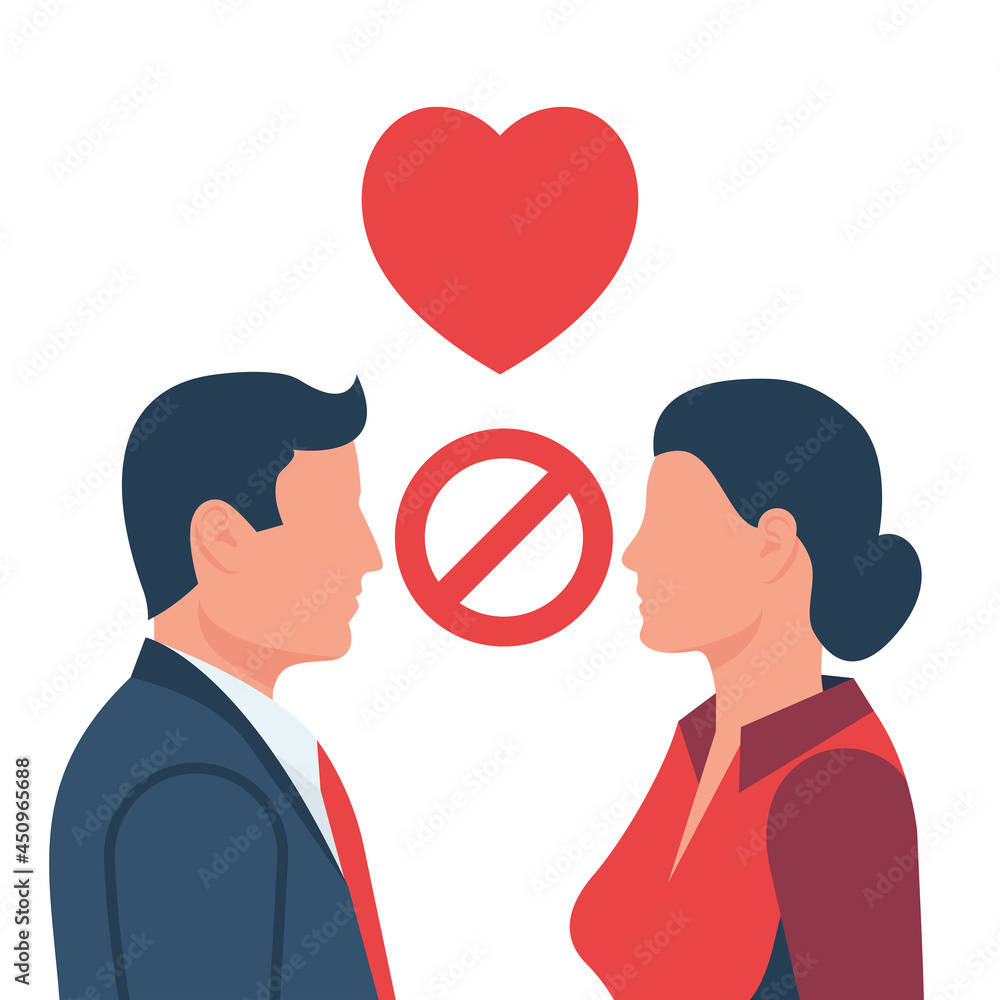 Warning red sign. Kiss is prohibited. Man and woman cartoon icon ...