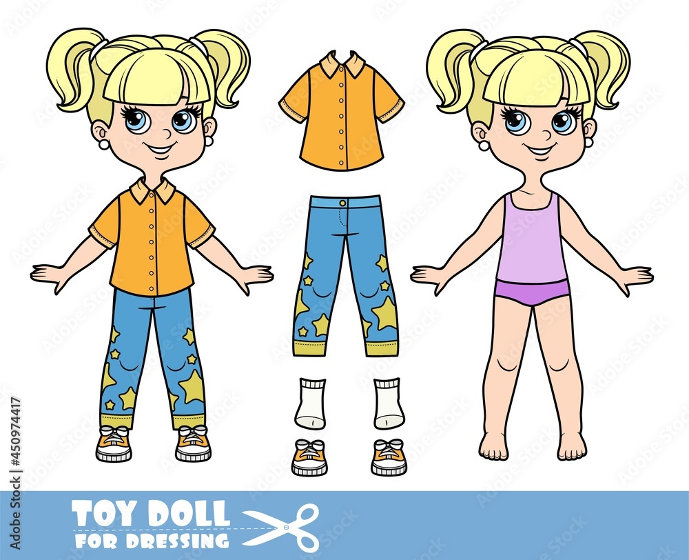 Cartoon girl with ponytails in underwear, dressed and clothes ...