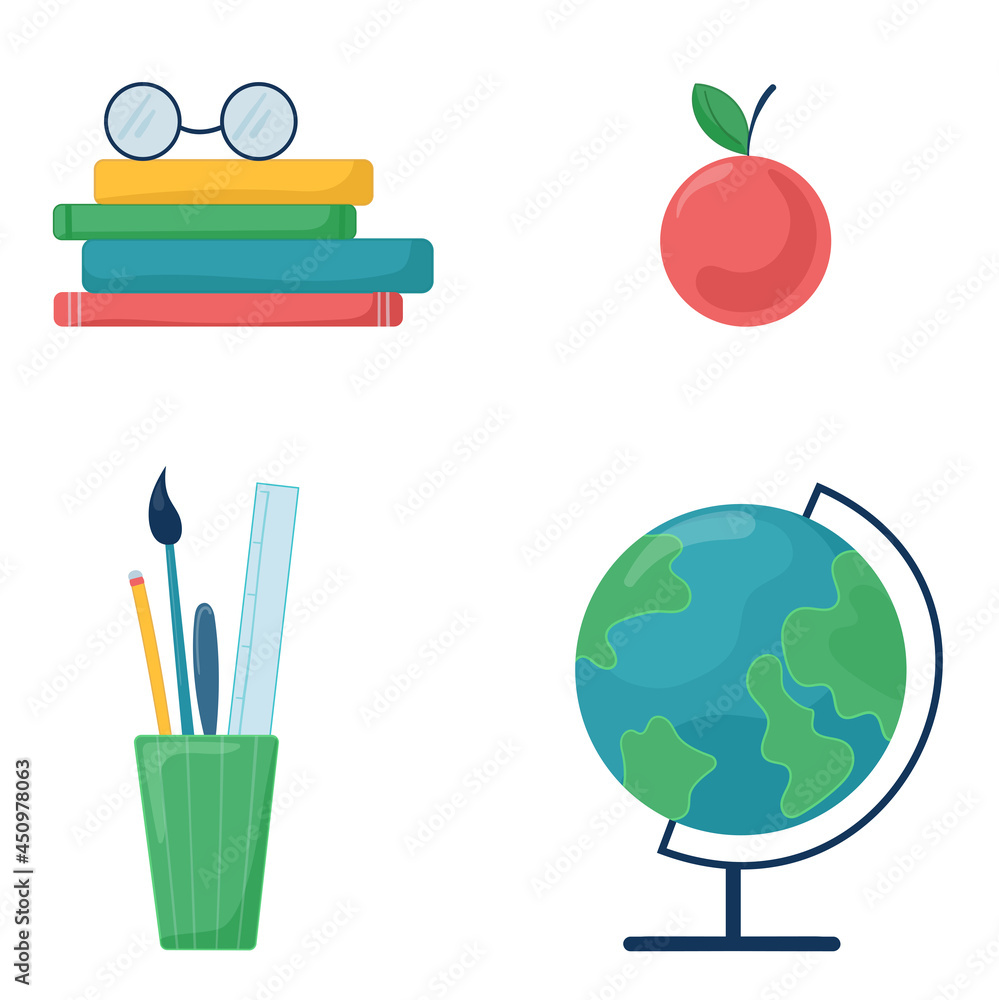 Vector illustration school subjects set: globe, glasses, ruler, apple ...