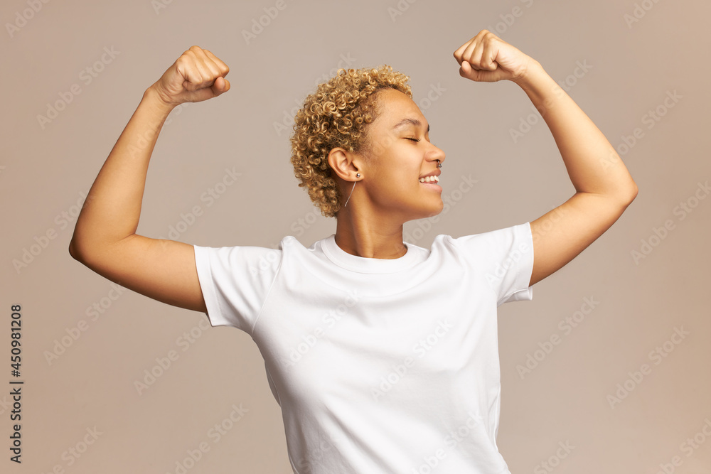 Self-motivation concept. African girl with lovely short curls, looking ...