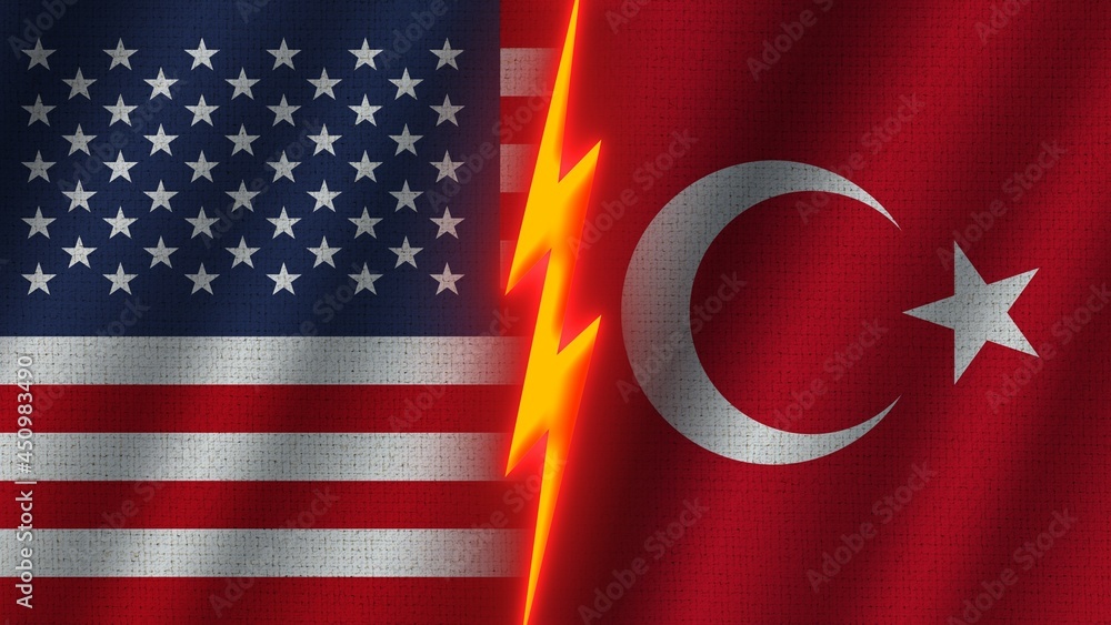 Turkey and United States of America Flags Together, Wavy Fabric Texture ...