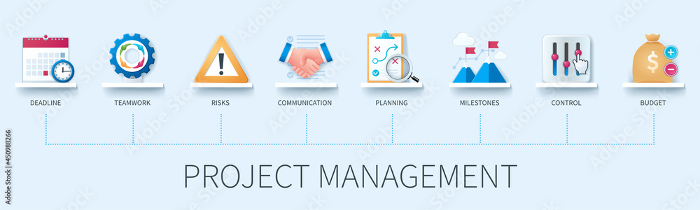 Project management banner with icons. Deadline, teamwork, risks ...
