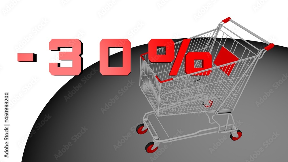 "-30%" sign and a supermarket trolley. Markdown, sale, discount ...