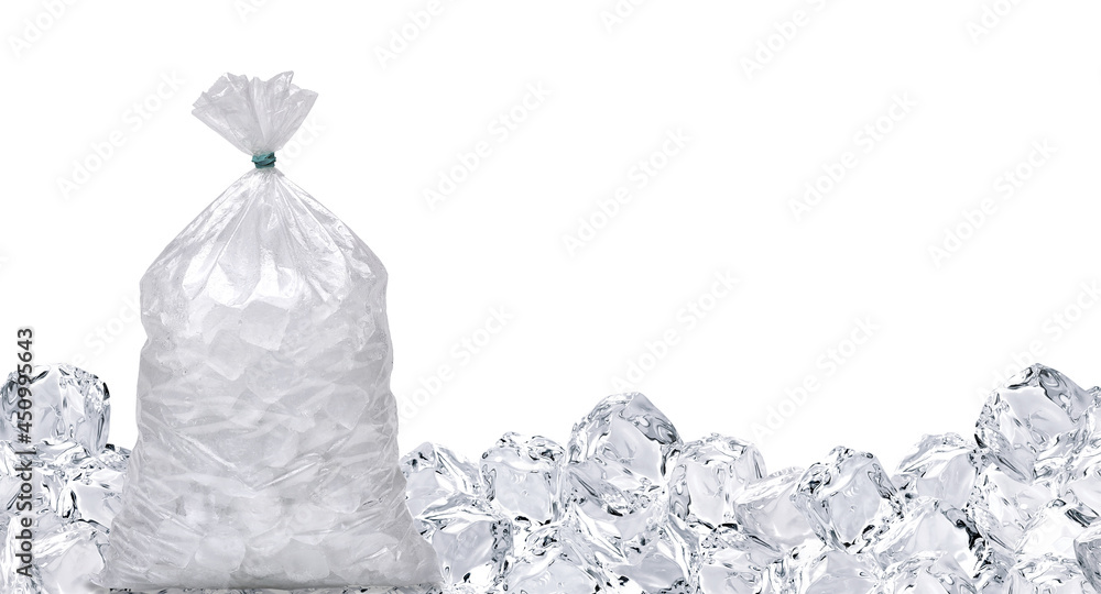 Ice cubes in plastic bag, bagged ice or packaged ice isolated on white ...