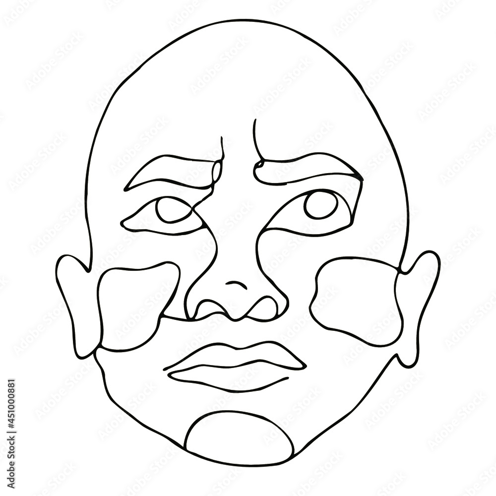 Bold male, face in one line, oval head, eyes looking up. Black unbroken ...