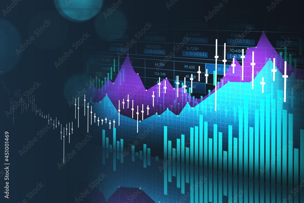 Forex financial rising graph and chart with candlesticks, bar diagrams ...
