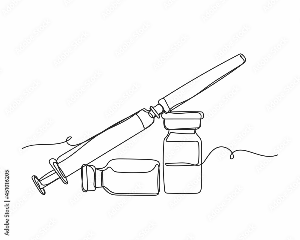 Continuous one line drawing of vaccines and syringe in silhouette on a ...