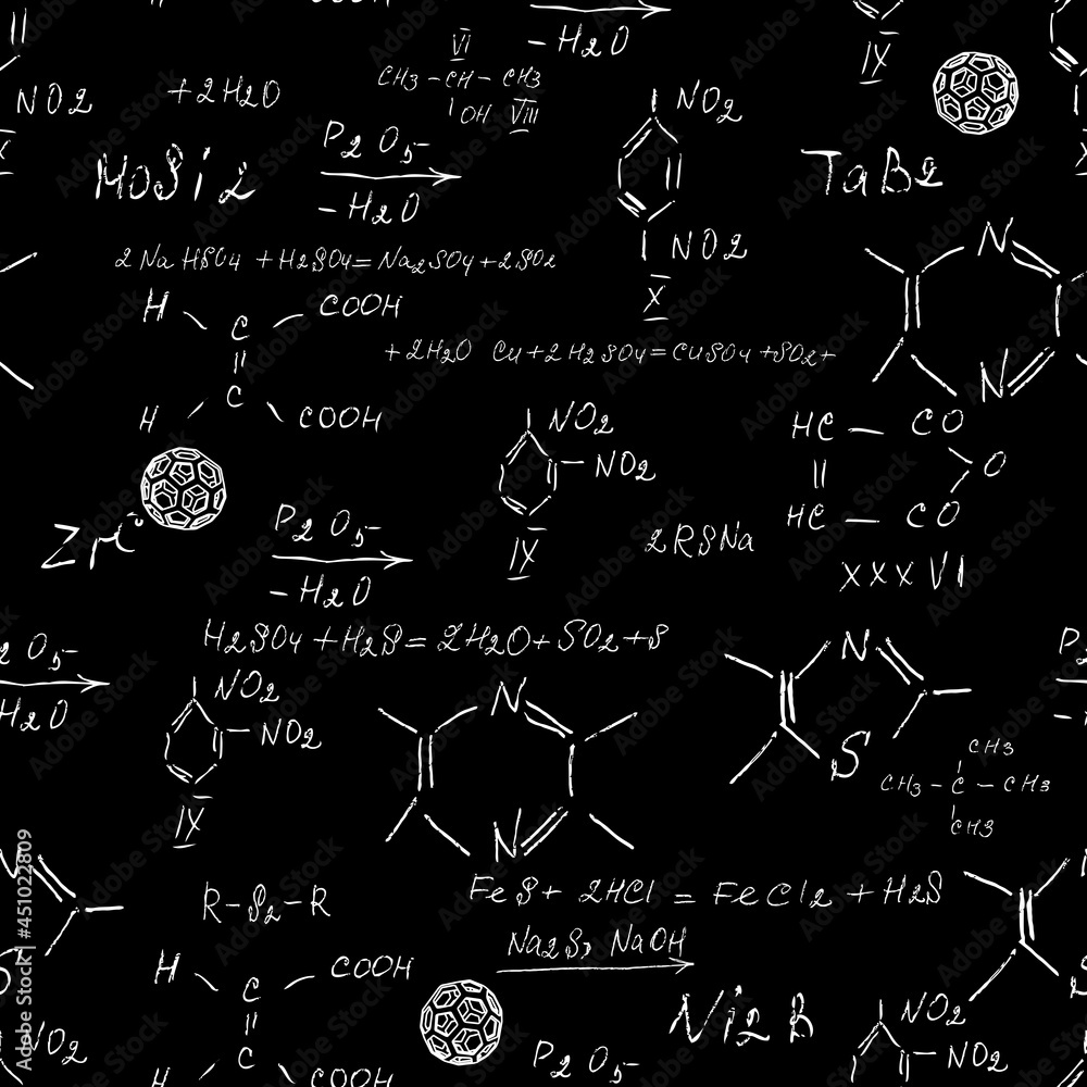 Seamless endless pattern background with handwritten chemistry formulas ...