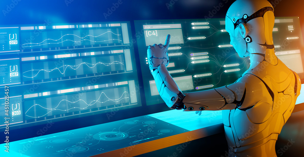 Future world digital technology android robot working replace human, 3D ...