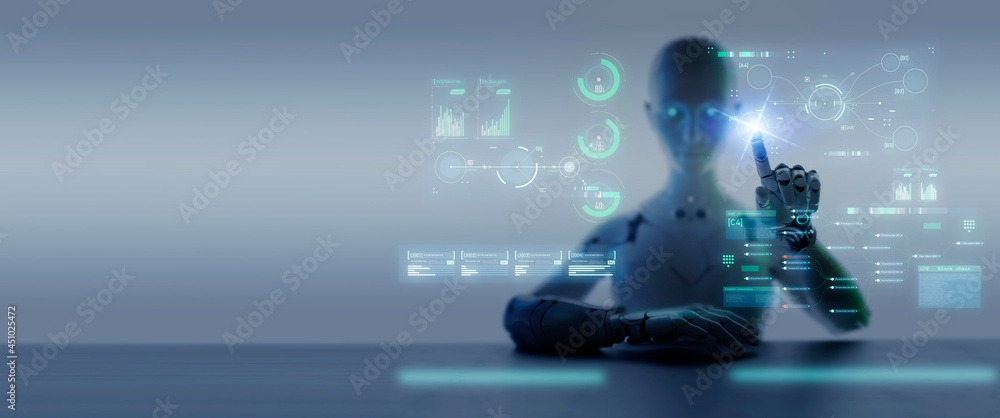 Future world digital technology android robot working replace human, 3D ...