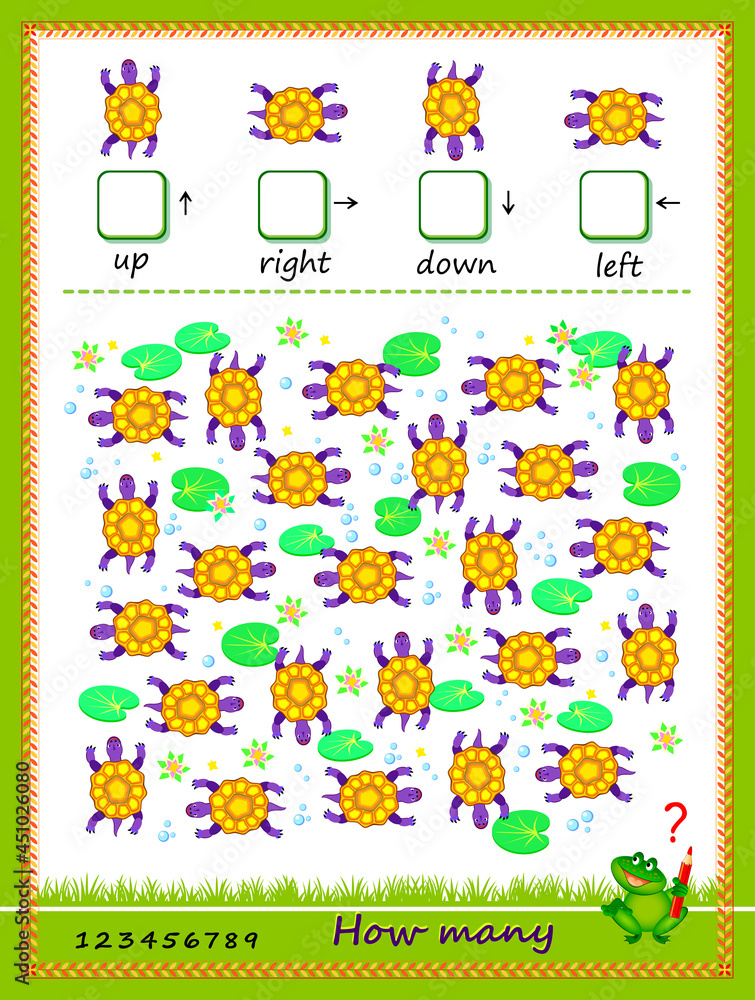 Mathematical education for children. Count quantity of turtles swimming ...