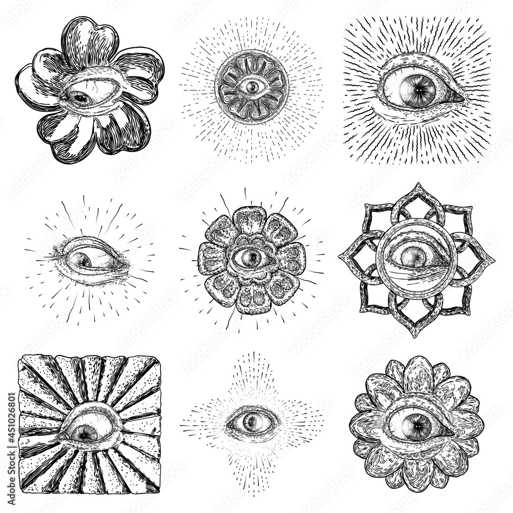 Set of various drawings of the All Seeing Eye in different directions ...