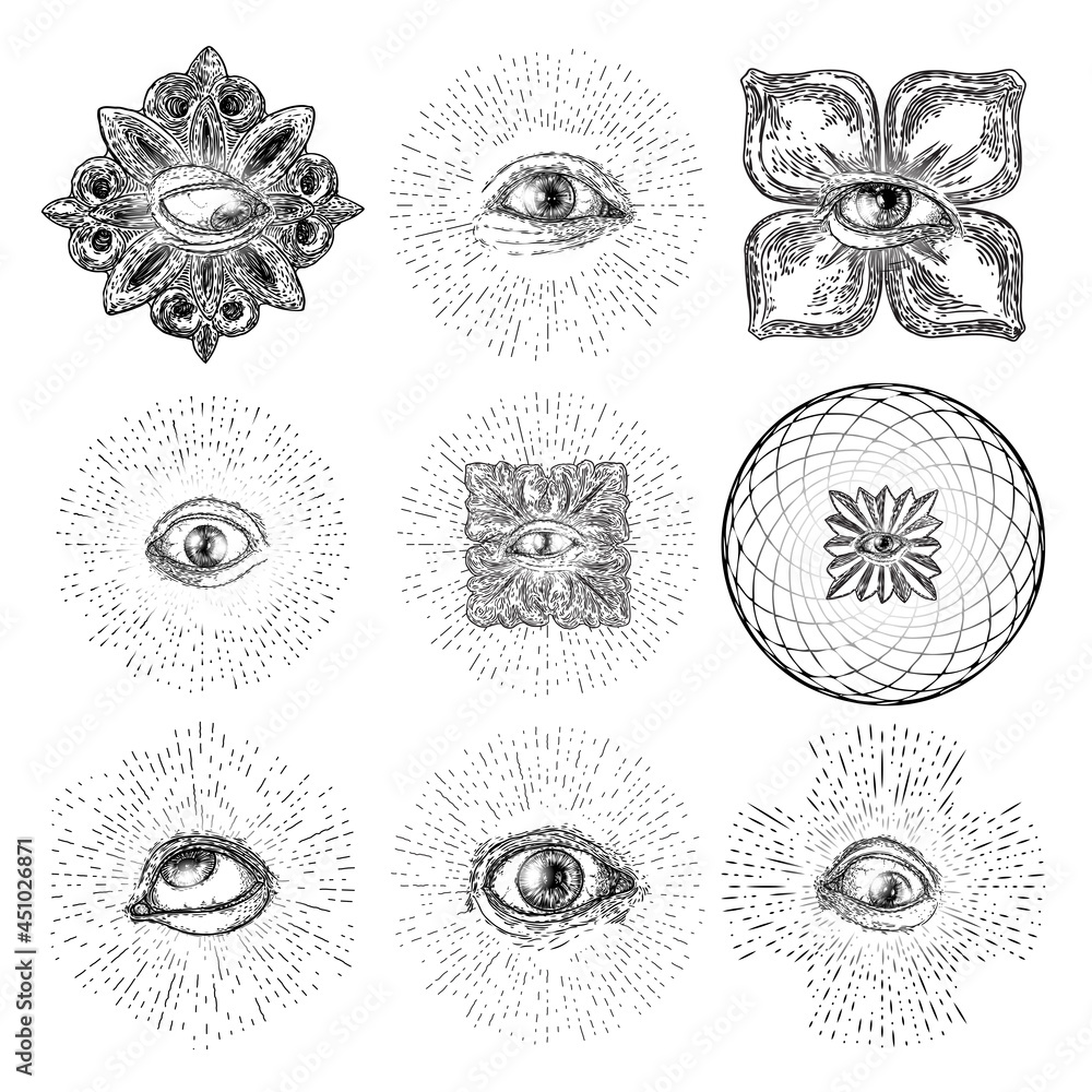 Set of various drawings of the All Seeing Eye in different directions ...