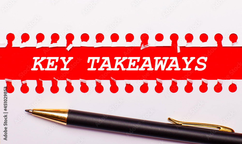 Pen and white torn paper strip on a bright red background with the text ...